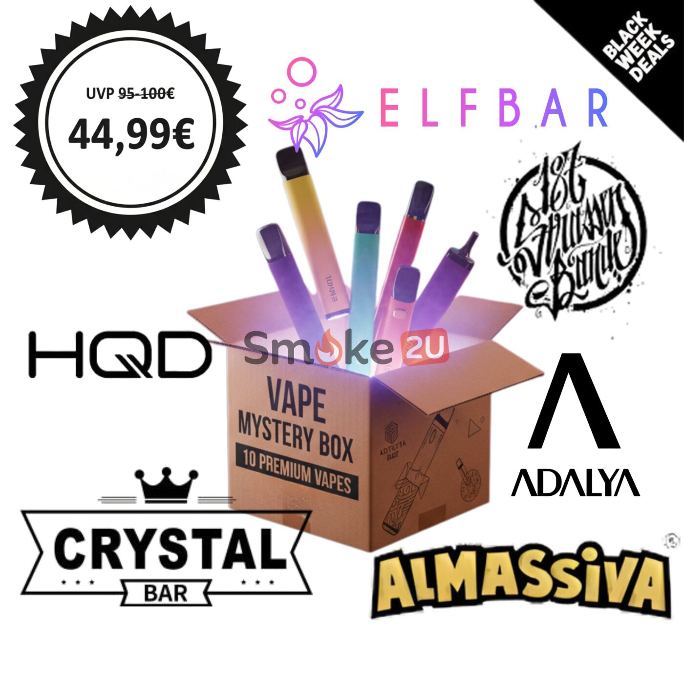 Vape Mystery Box | 10 Vapes: Elfbar, HQD & 6 Top-Marken, 44,99